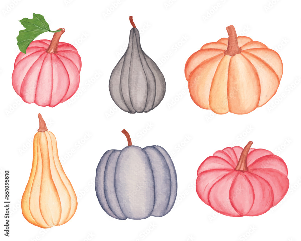 Watercolor pumpkin clipart set, fall pumpkin set, pumpkin vector Stock ...