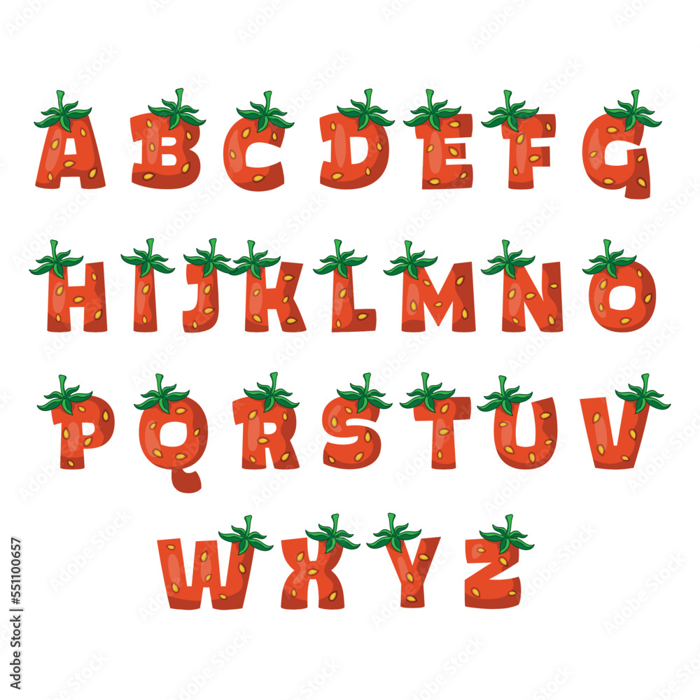 Strawberry English alphabet, bright red berry font vector Illustration ...