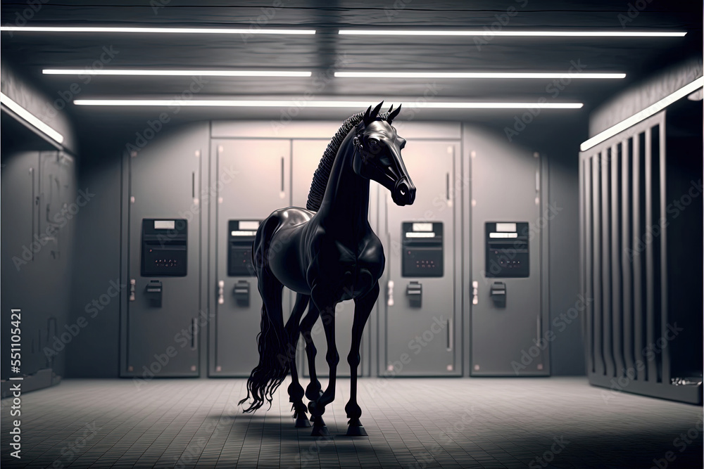 Black trojan horse in server room, concept of bad Artificial ...