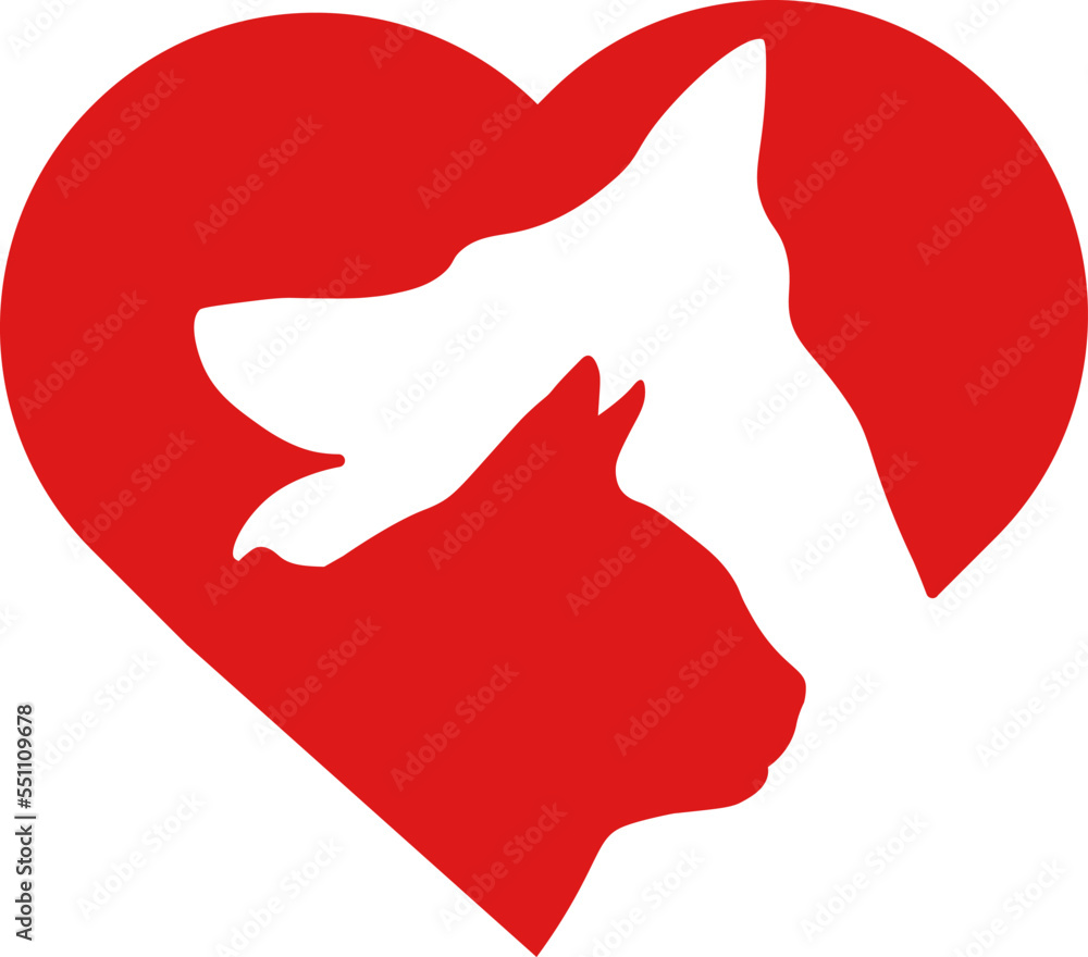 Dog and cat veterinary medicine red heart logo icon. Pet care. Isolated ...