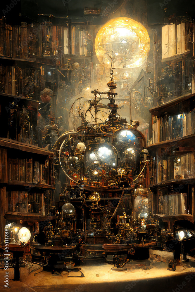 Complicated Steampunk Orrery in an Antique Library. [Digital Art ...