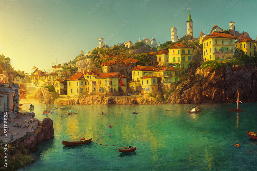 Italian Seaside Village next to an Azure Bay full of Small Boats ...