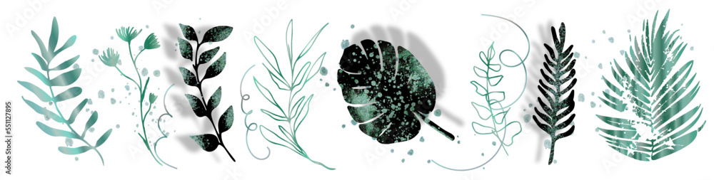 Big hand drawn colorful plant set - universally usable. Botanical, chic ...