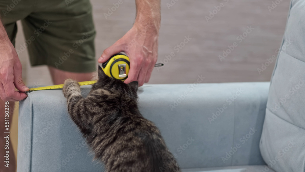 person uses a building meter to measure a sofa, moving house, choosing ...