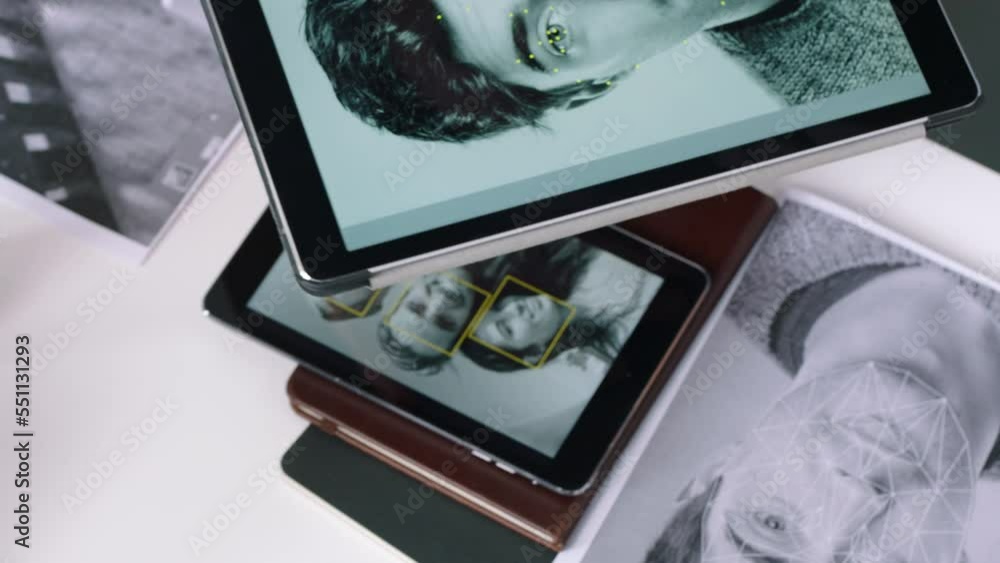 Technology, graphic designer and tablet for facial recognition design ...
