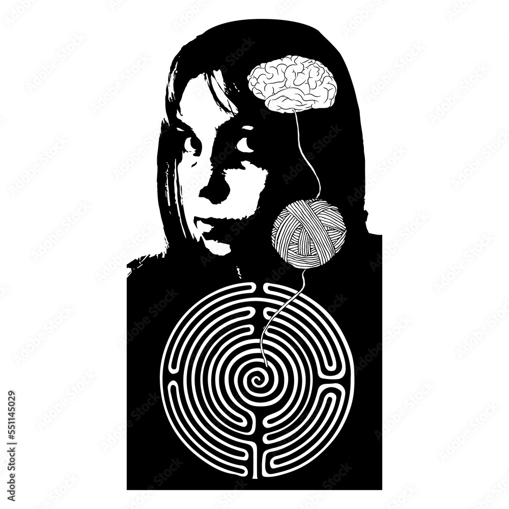 Portrait of a woman with a round spiral maze or labyrinth symbol inside ...
