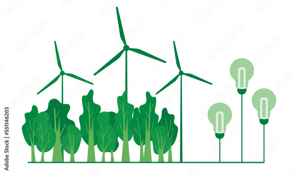Wind turbine and green forest. Vector green energy concept. Wind ...