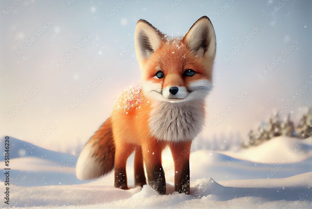 Cute fox baby in winter snow, fantasy, generative ai Stock Illustration ...