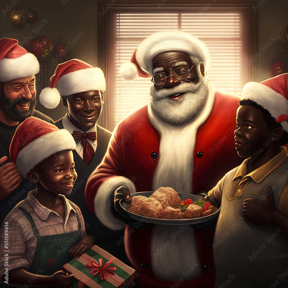 Santa Claus negro festejando navidad con su familia y amigos, imagen ...