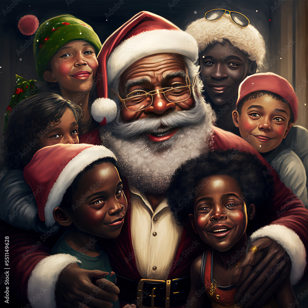 Santa Claus negro festejando navidad con su familia y amigos, imagen ...