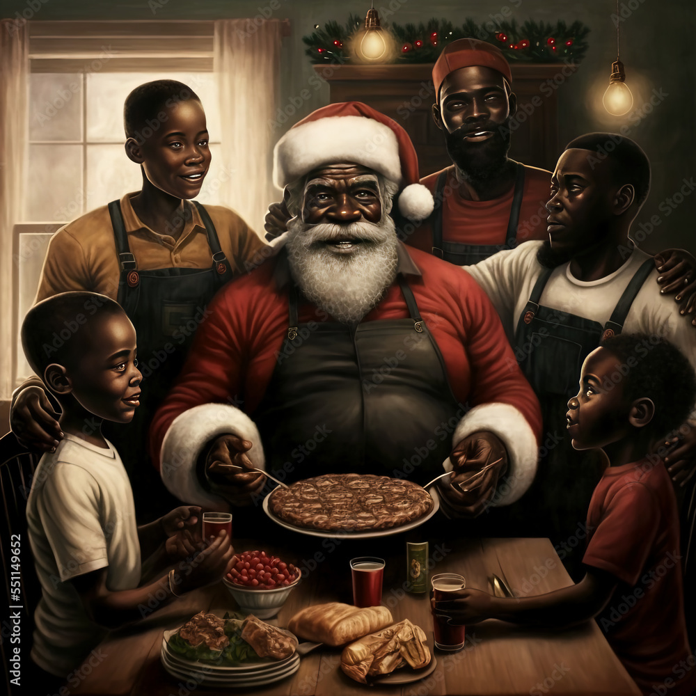 Santa Claus negro festejando navidad con su familia y amigos, imagen ...