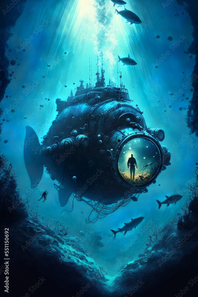 Submarine captain silhouette stands in the front glass sphere cabin of ...