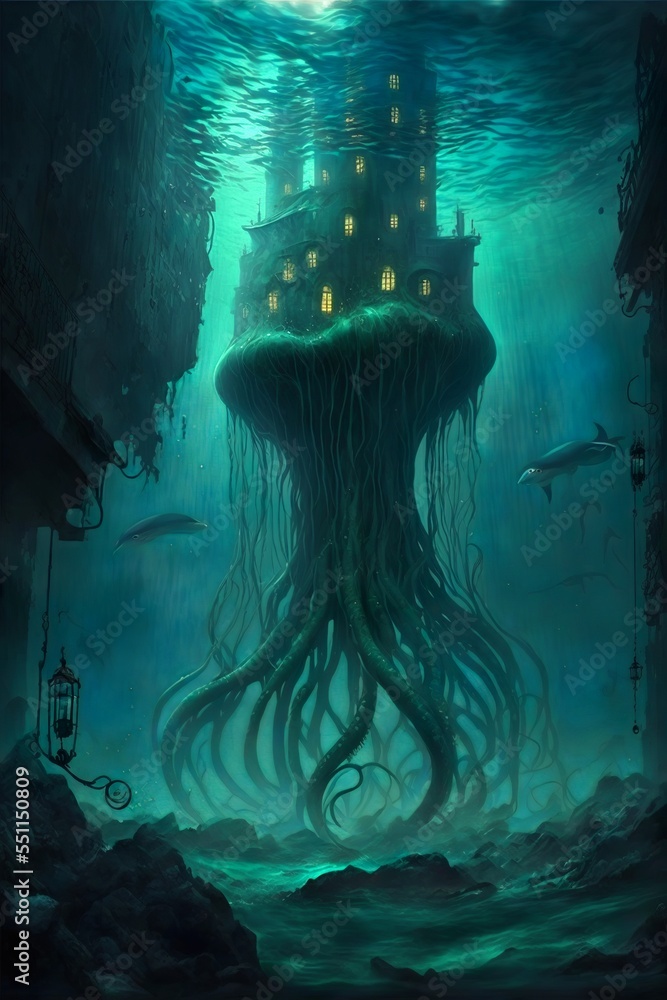 Deep sea underwater tree village with roots of the abyss fantasy ...