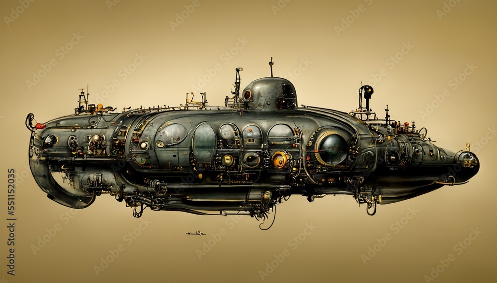 Steampunk submarine with spherical windows in hangar sci-fi design ...