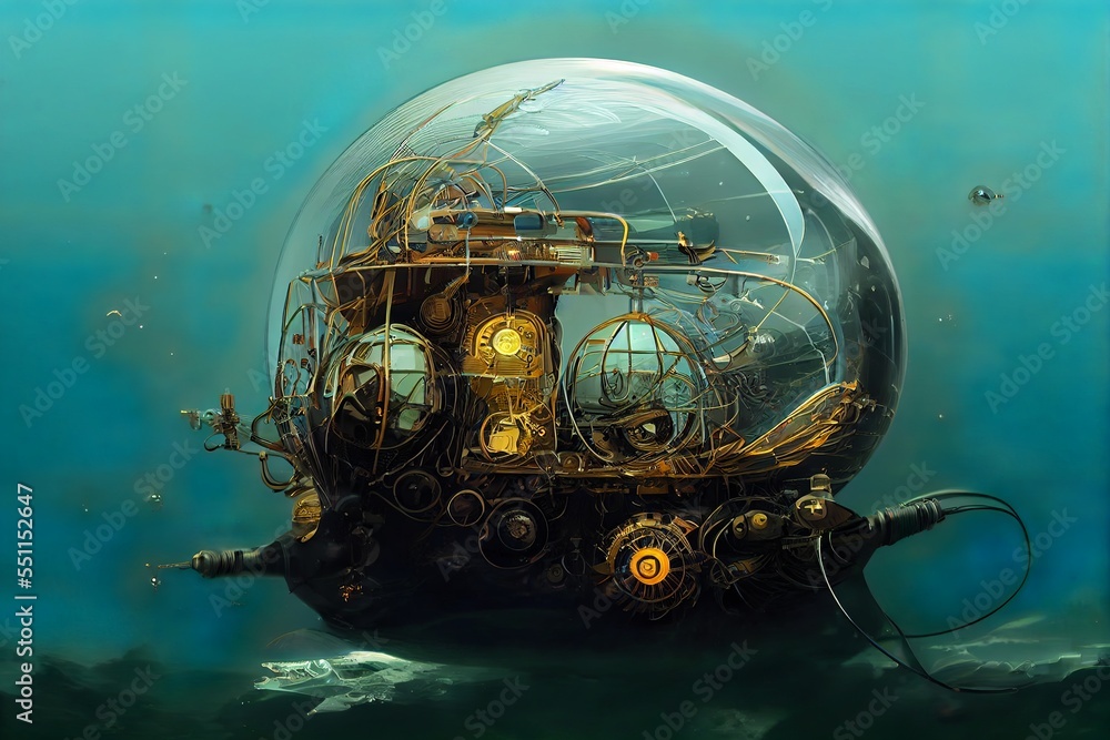 Futuristic sci-fi sphere submarine exploring deep sea underwater Stock ...
