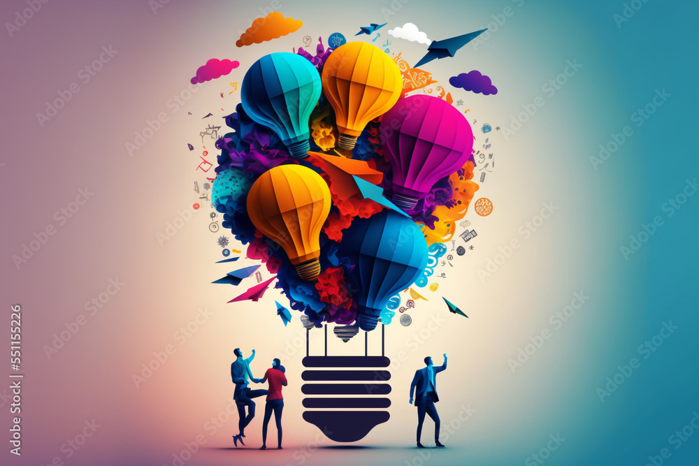 illustration of a flying balloon, a colorful idea light bulb lamp ...