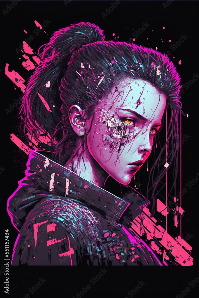 beautiful cute cyberpunk girl edge shatters and dissolves into 16-bit ...