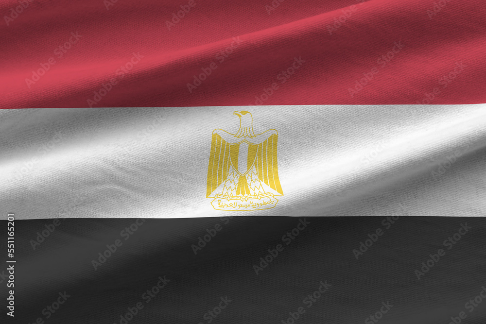 Egypt flag with big folds waving close up under the studio light ...