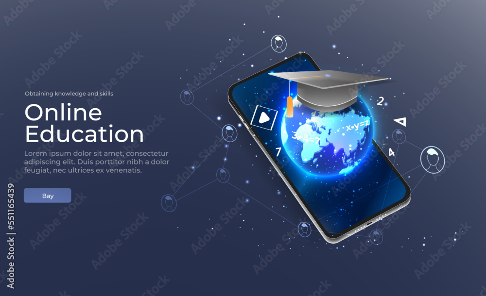 Digital vector illustration. Online education blue background or ...