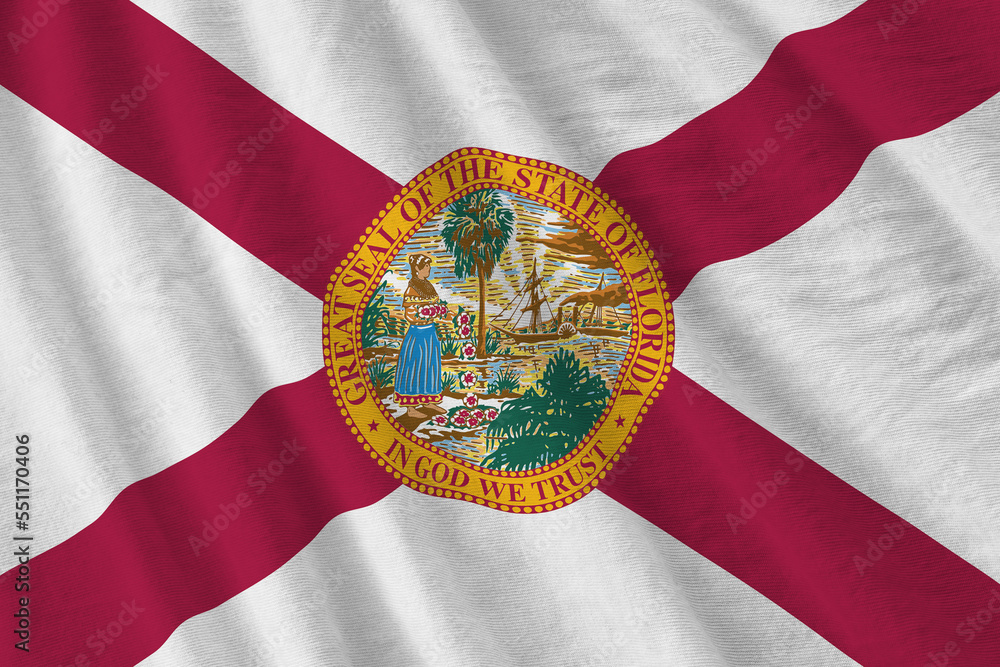 Florida US state flag with big folds waving close up under the studio ...