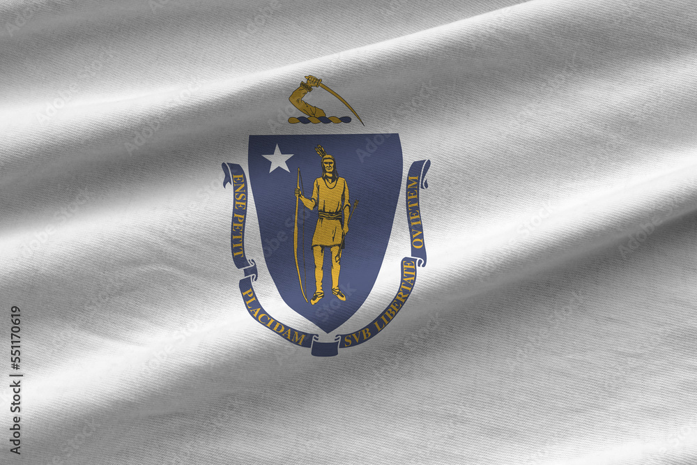 Massachusetts US state flag with big folds waving close up under the ...
