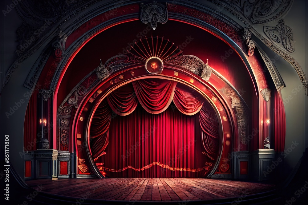 a stage with a red curtain and a stage light on it's side and a stage ...