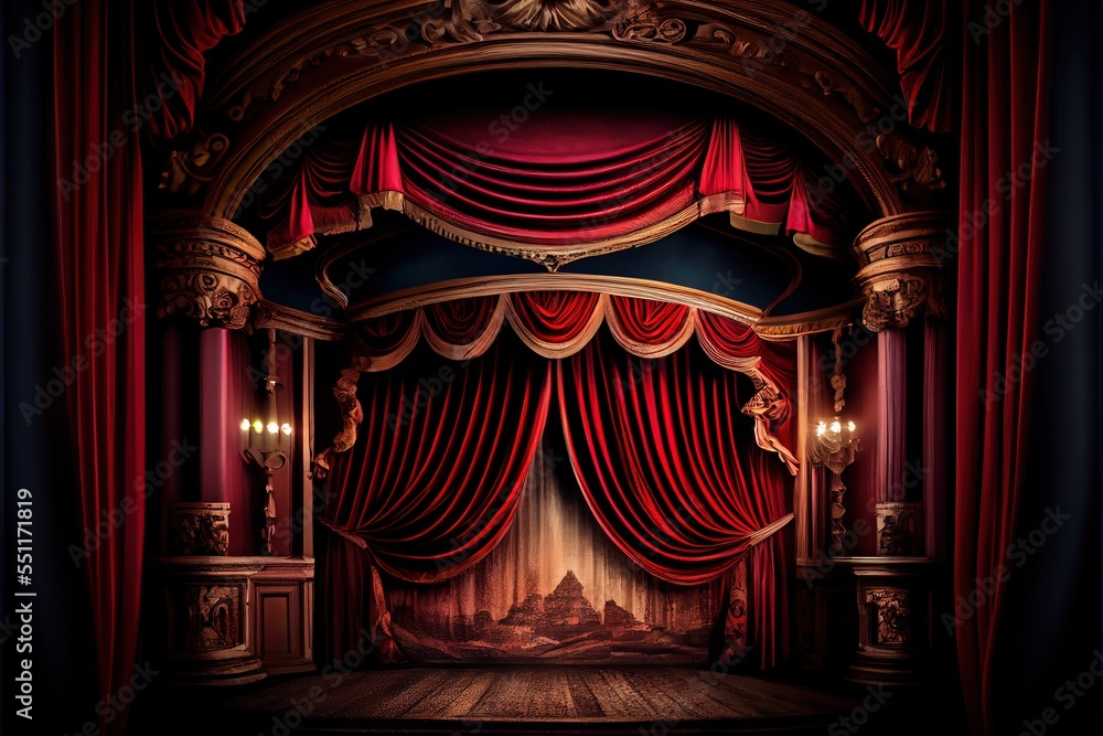 a stage with a red curtain and a stage light on it's side and a stage ...