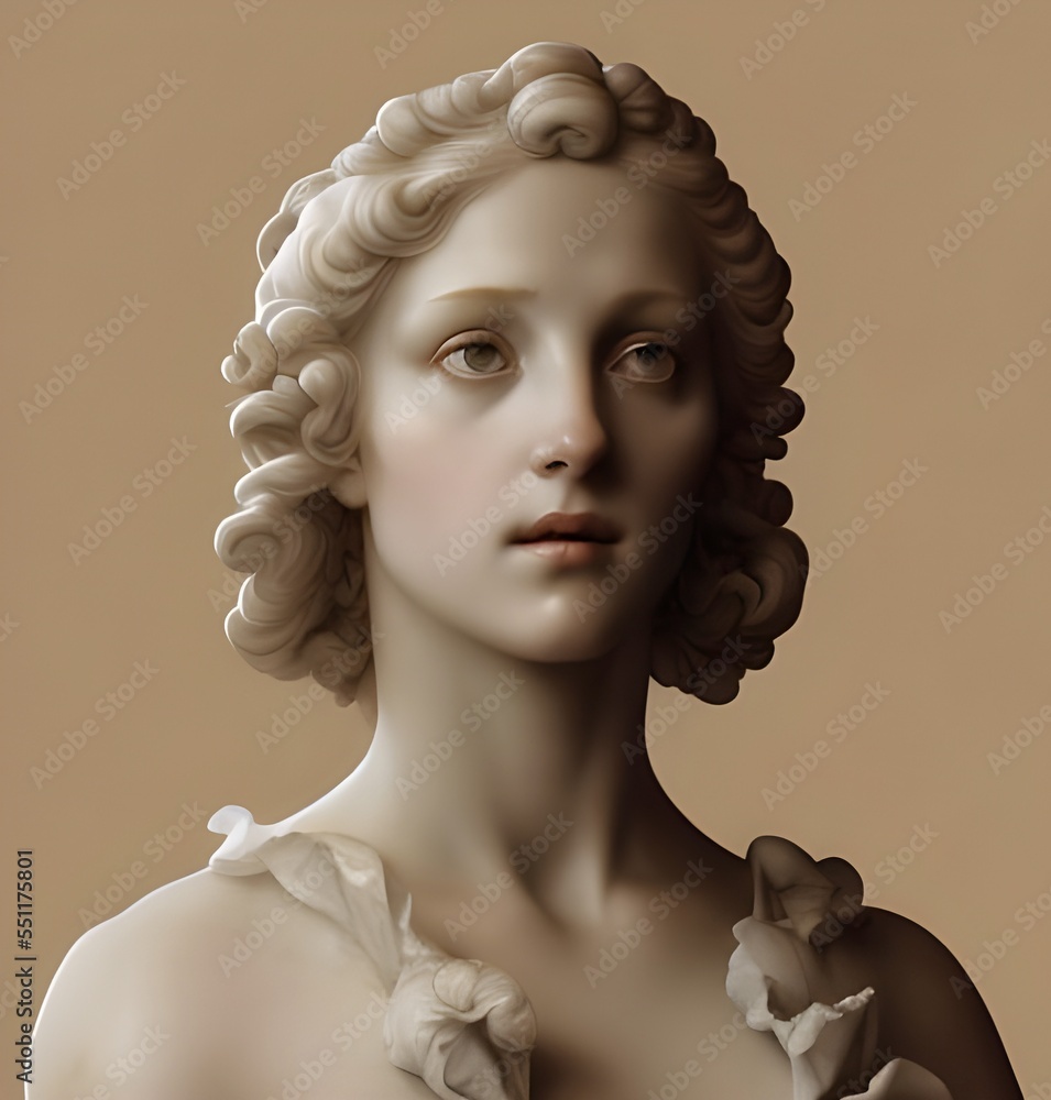 3D illustration featuring the white marble bust of a beautiful, elegant ...