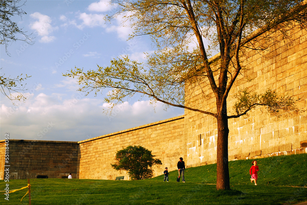The stone wall of Fort Independence, a Revolutionary era defensive work ...