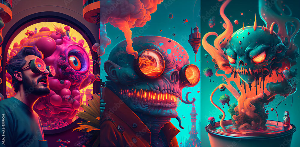 Cyberpunk monsters, sci-fi characters, cartoon style illustration, neon ...