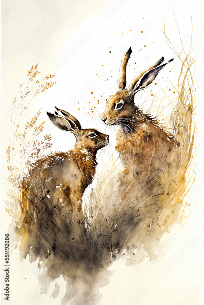 "boxing" hares fighting in the tall grass Stock Illustration | Adobe Stock