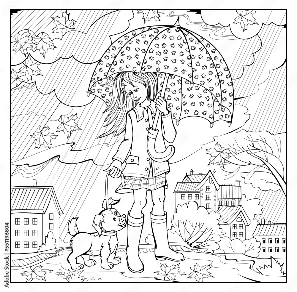 Coloring book for children and adults. Rainy weather. Caring girl walks ...