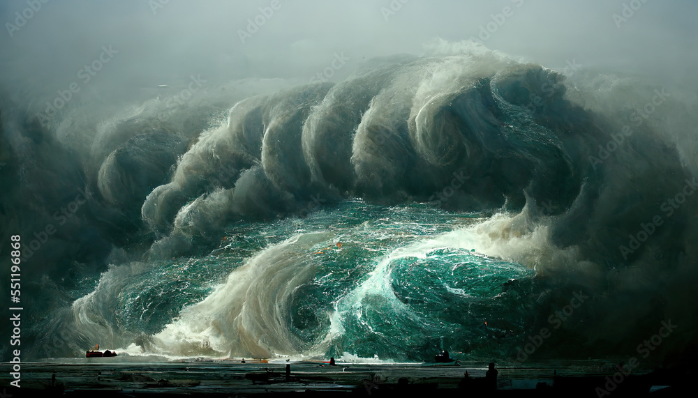 AI generated scenery of gigantic tsunami-like wave at sea and ...