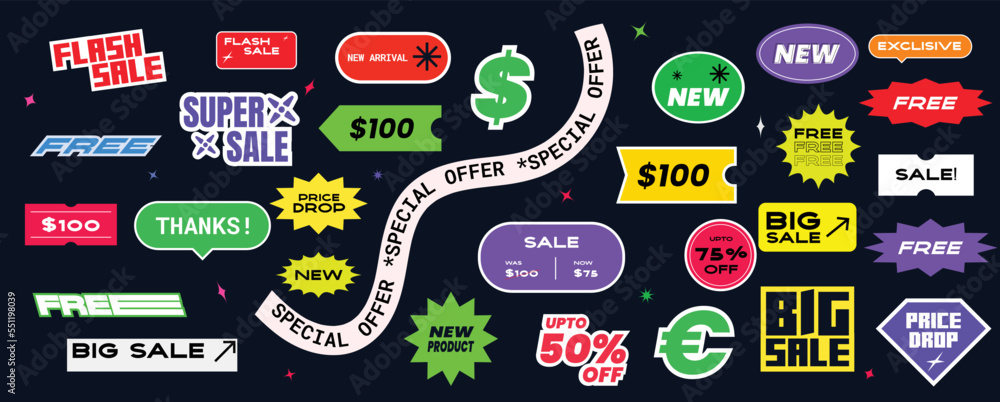 Collection of sale sticker, sticker pack, price tag. Retro 70s, 80s ...