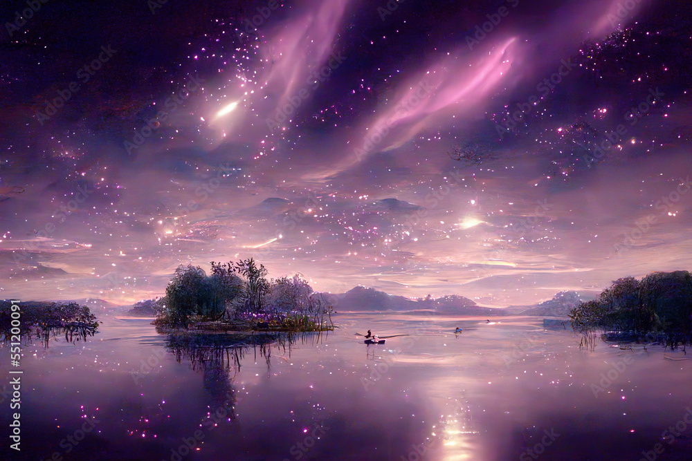 Starry night lake with bright star shine in the sky horizon reflecting ...