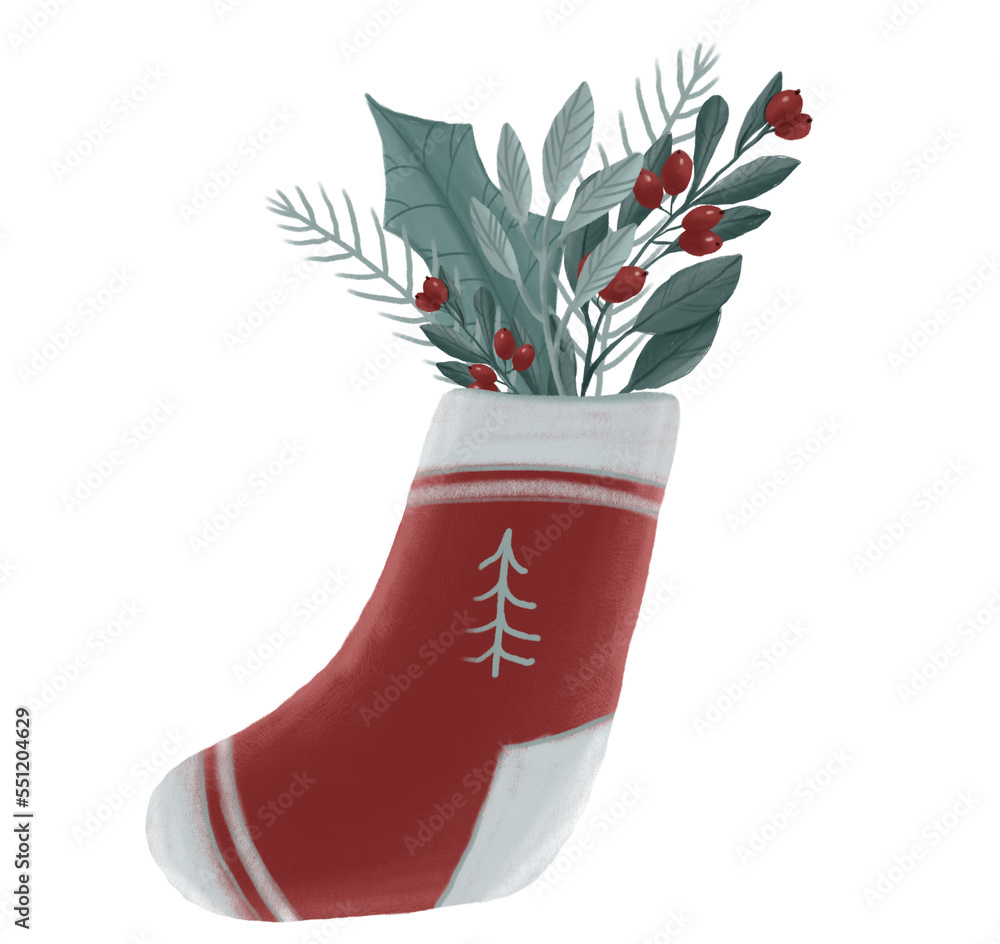 Pencil hand drawing cozy Christmas decorated Santas sock illustration ...