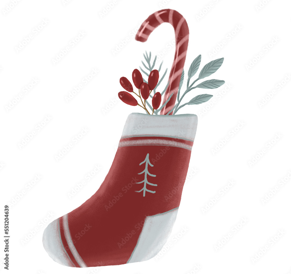 Pencil hand drawing cozy Christmas decorated Santas sock illustration ...