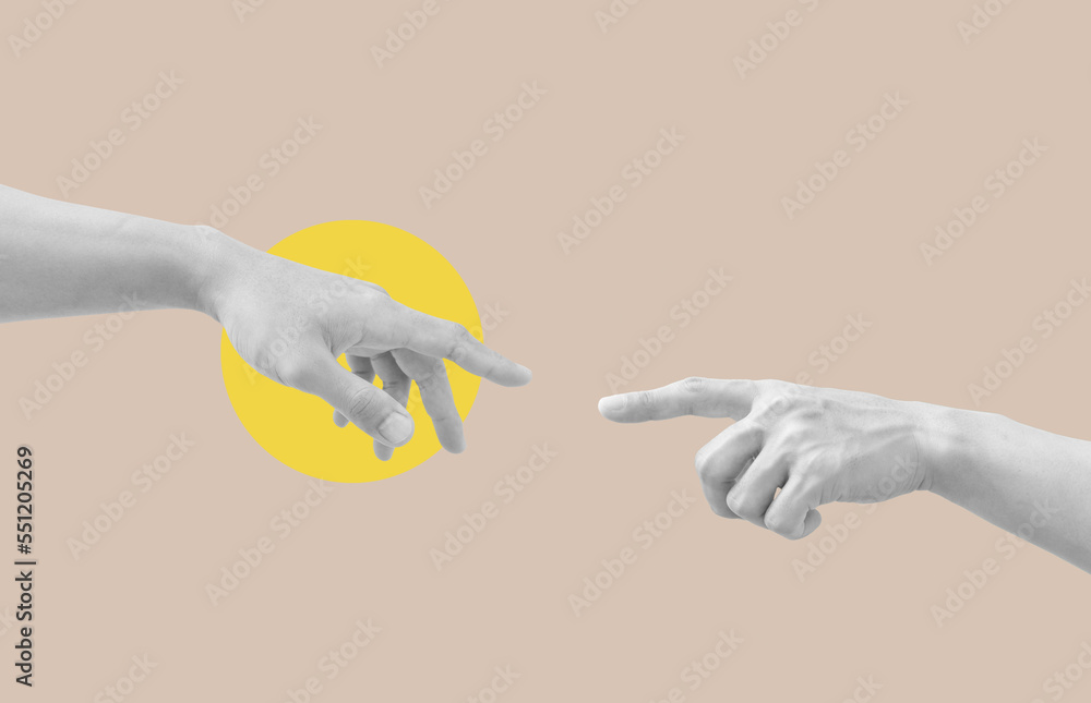 Digital collage modern art. Helping hand, Hand reaching together Stock ...