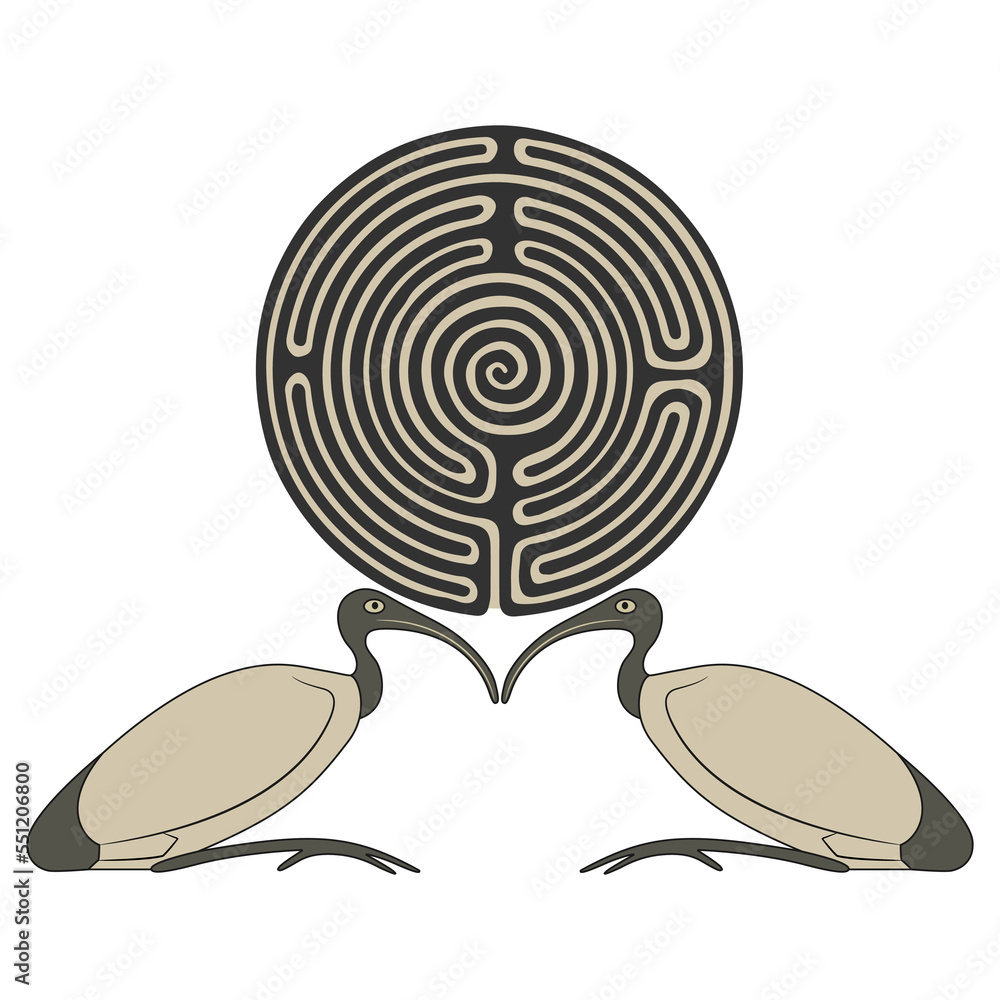 Symmetrical animal design with two ibises holding a round spiral maze ...