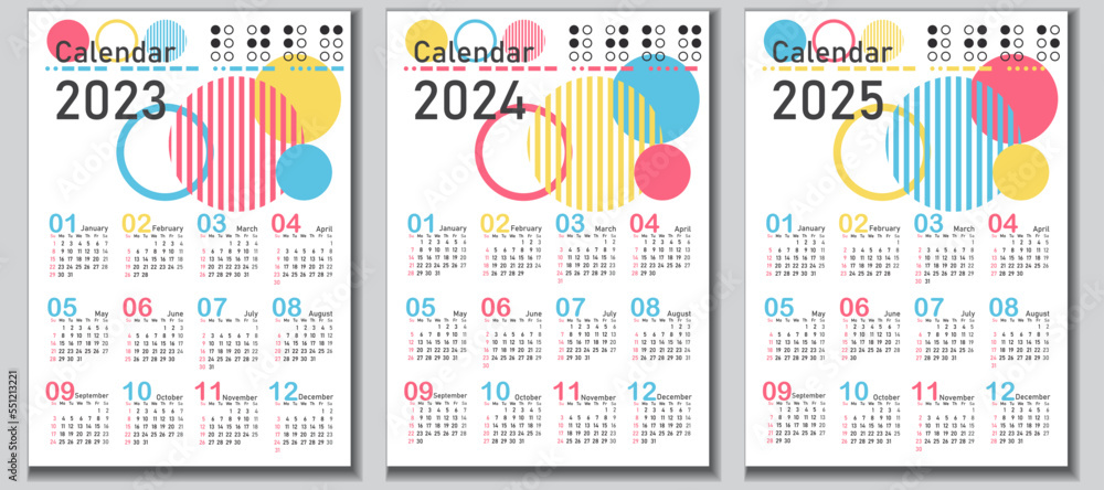 Calendar design for 2023,2024 and 2025.Simple yellow,blue and pink ...