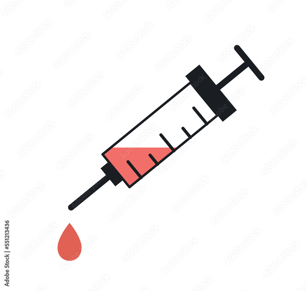 Simple medical icon. Sticker with syringe for injections and blood ...