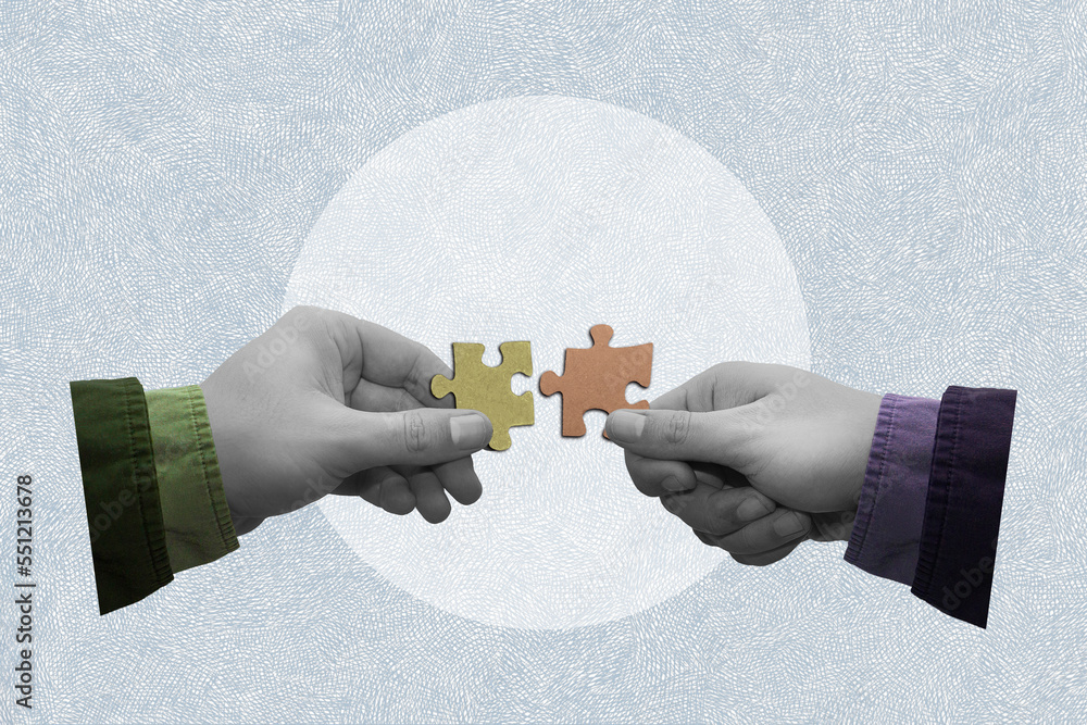 Two hands combine puzzle pieces. Metaphor for teamwork. Art collage ...