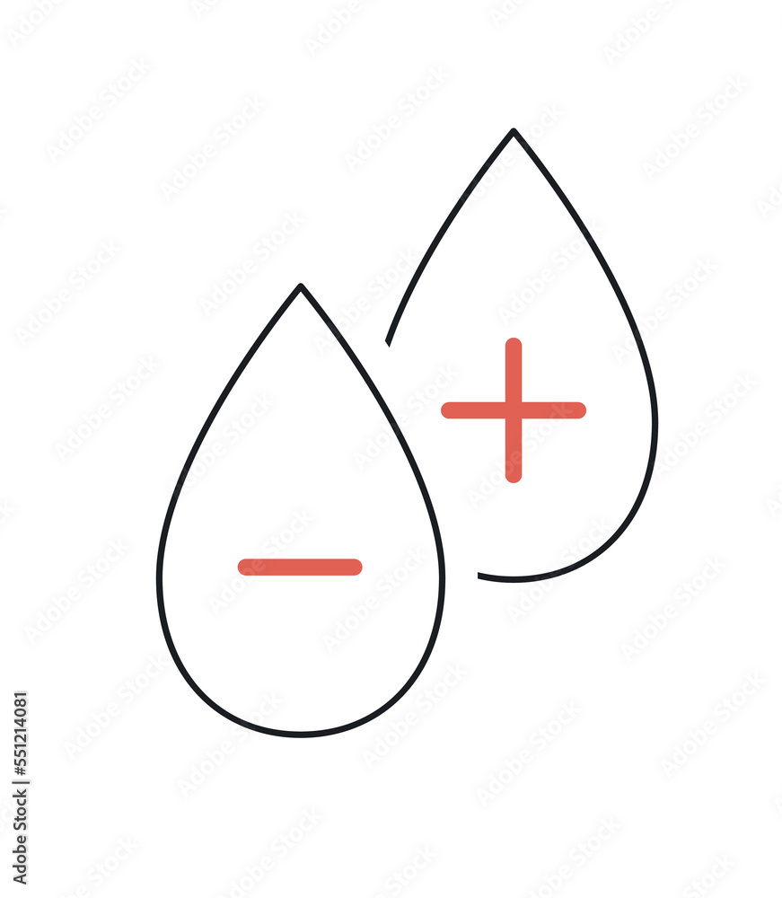 Simple medical icon. Sticker with two drops of blood and Rh factor ...