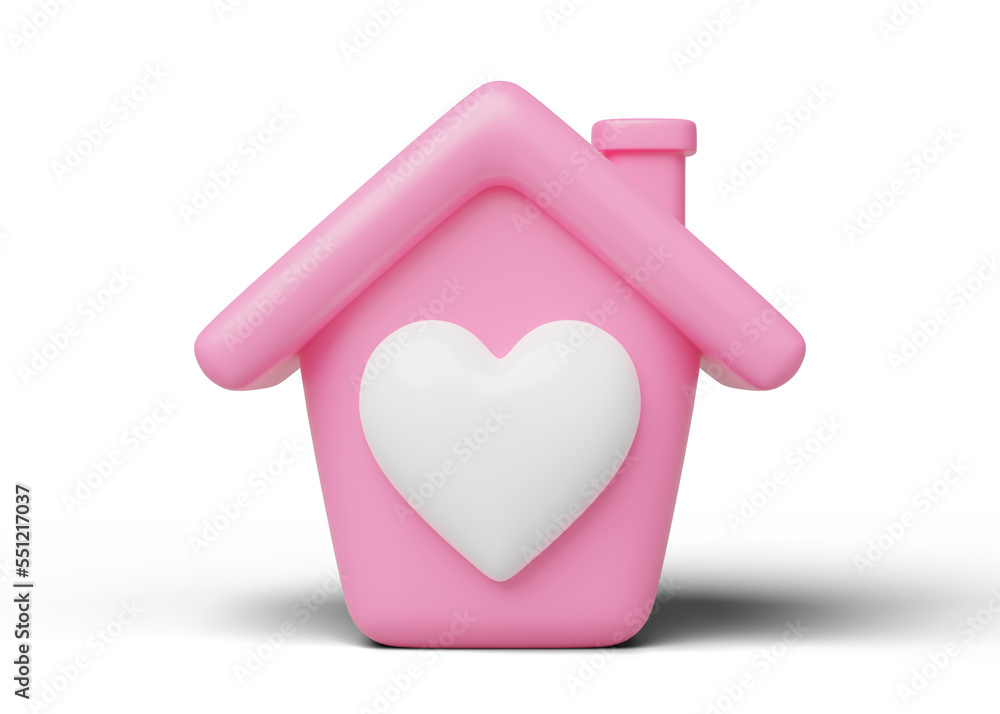 3d pink house with white heart inside icon. Cute home model of care and love symbol. life after ...