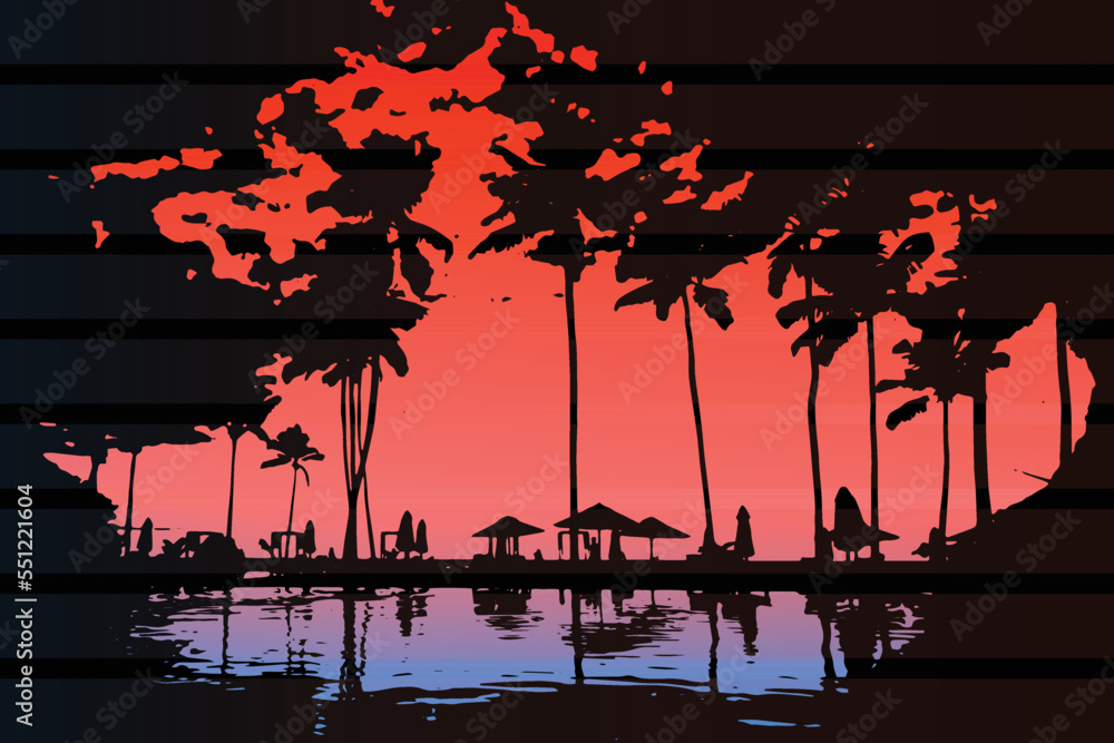 Summer tropical beach background with palms silhouette, sky sunrise and ...
