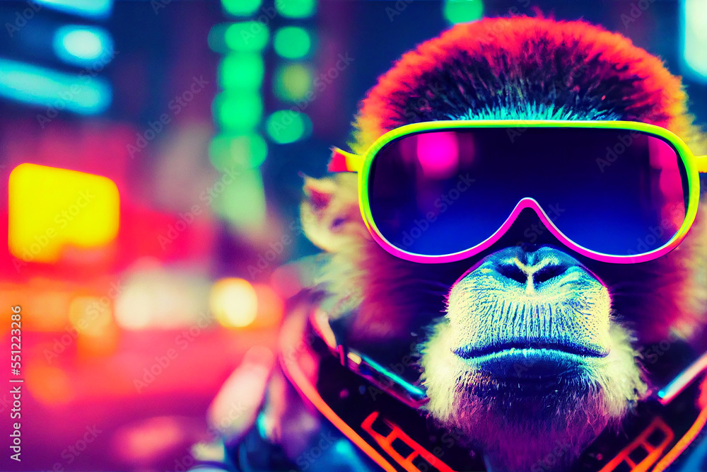 cyberpunk Chimpanzee with sunglasses, dressed in neon color clothes ...
