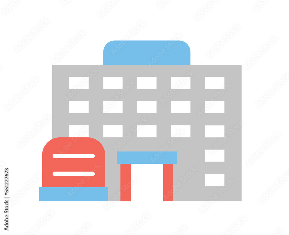 Grey building icon. Gray house with red wall, blue roof and arch ...
