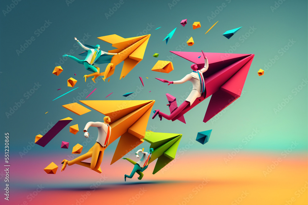 business teamwork visualization, origami paper airplanes, symbols for ...