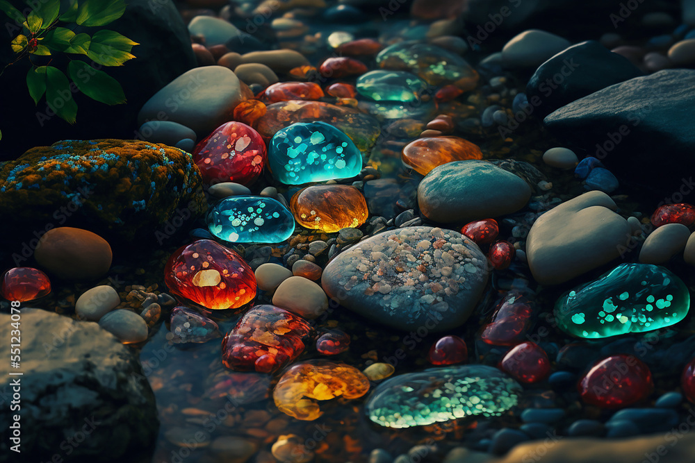 Beautiful transparent colorful stone in a mountain stream, closeup ...