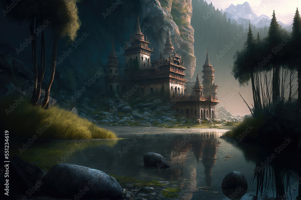 AI generated image of an ancient Indian castle or palace built next to ...